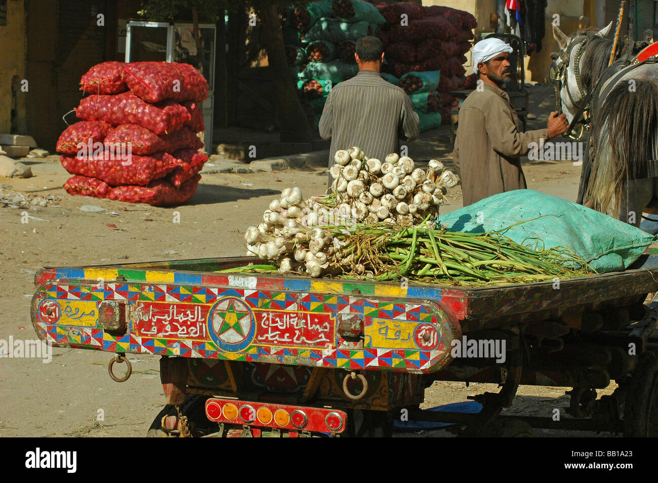 EGYPT, Cairo. Colourful cart of an itinerant merchant of garlic, some ...