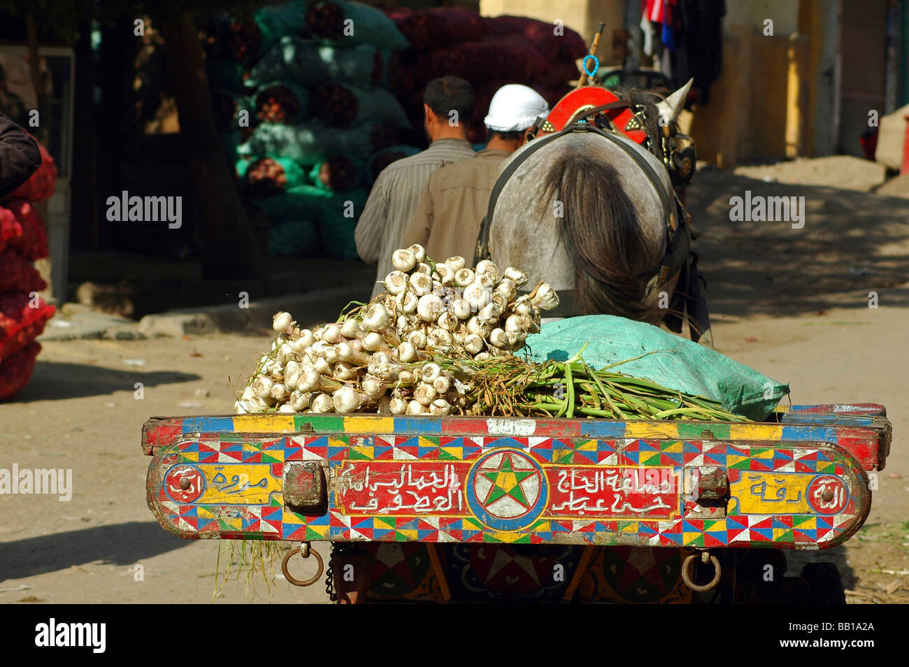 EGYPT, Cairo. Colourful cart of an itinerant merchant of garlic, some ...