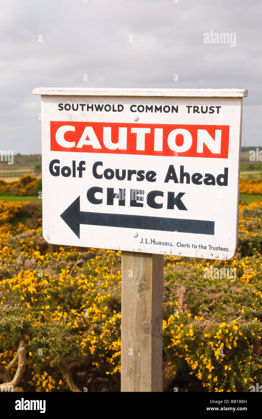 A warning sign on Southwold Common stating,caution golf course ahead ...