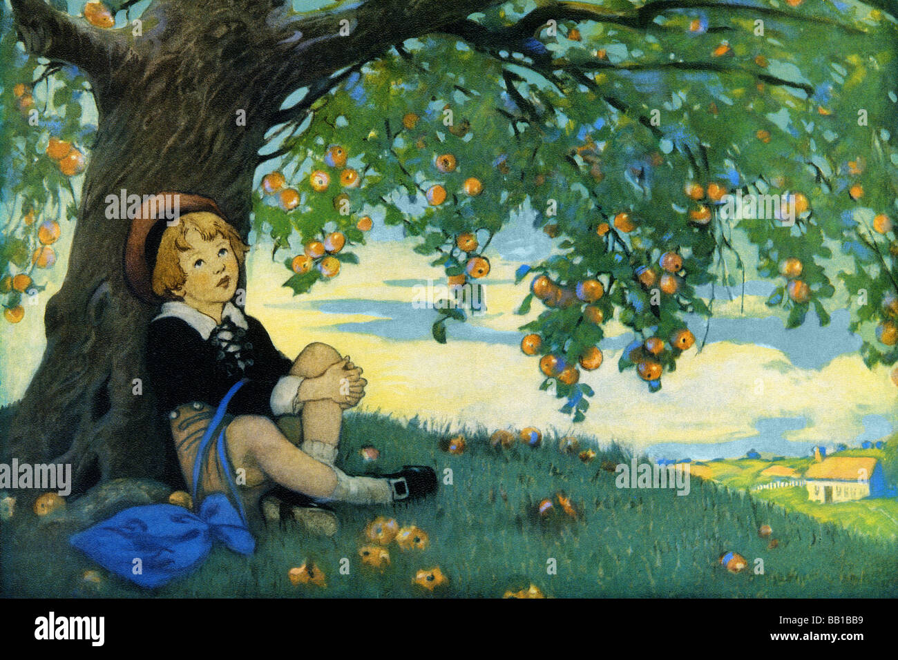 Boy Under an Apple Tree Stock Photo - Alamy