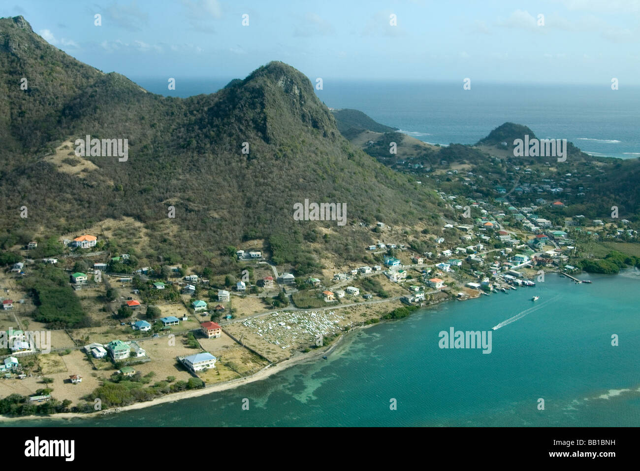 Aerial View of Union Island with Hills, Homes and Turquoise Caribbean ...
