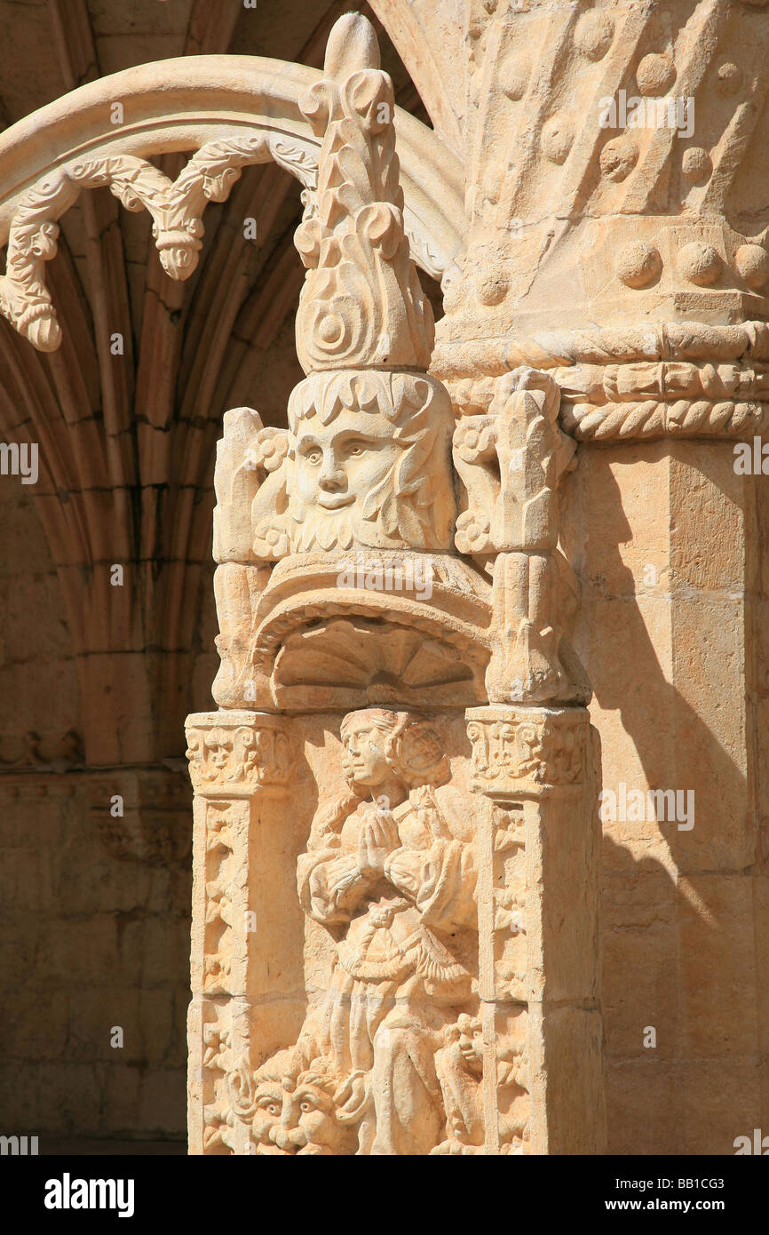 Close-up of a decorated cloister column at the 16th century Jeronimos ...