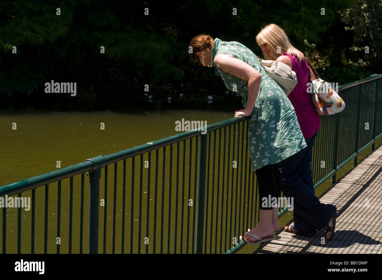 Mother and daughter standing on walkway over pond, Hamilton gardens ...