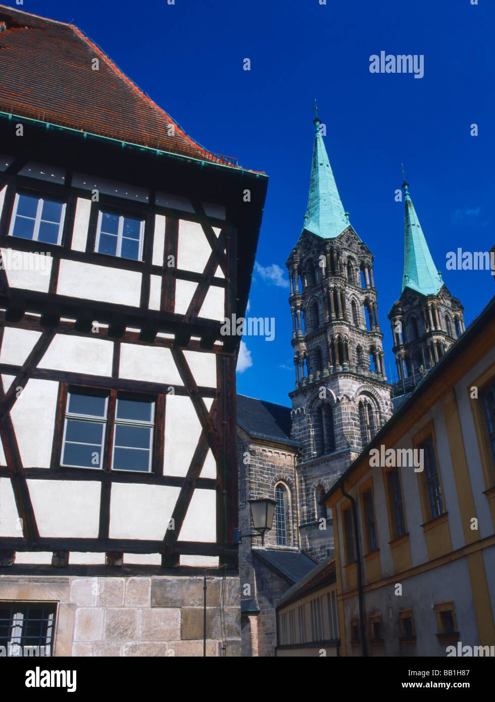 Bamberg, Bavaria, Germany. Kaiserdom (Cathedral - 13thC towers) typical ...