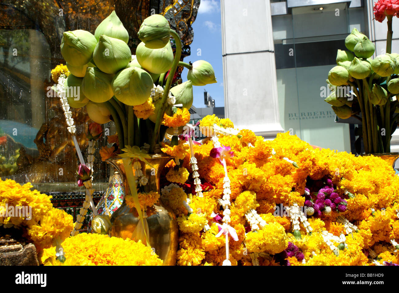 Garland flowers at Erawan Hindu Shrine , Bangkok , Thailand Stock Photo ...