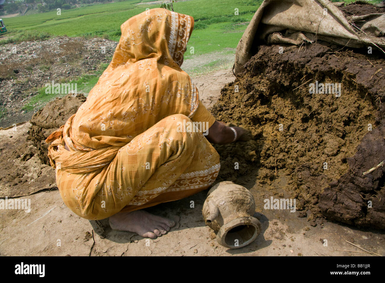 Woman collecting dung to dry & burn for heat, Dhaka, Bangladesh Stock ...