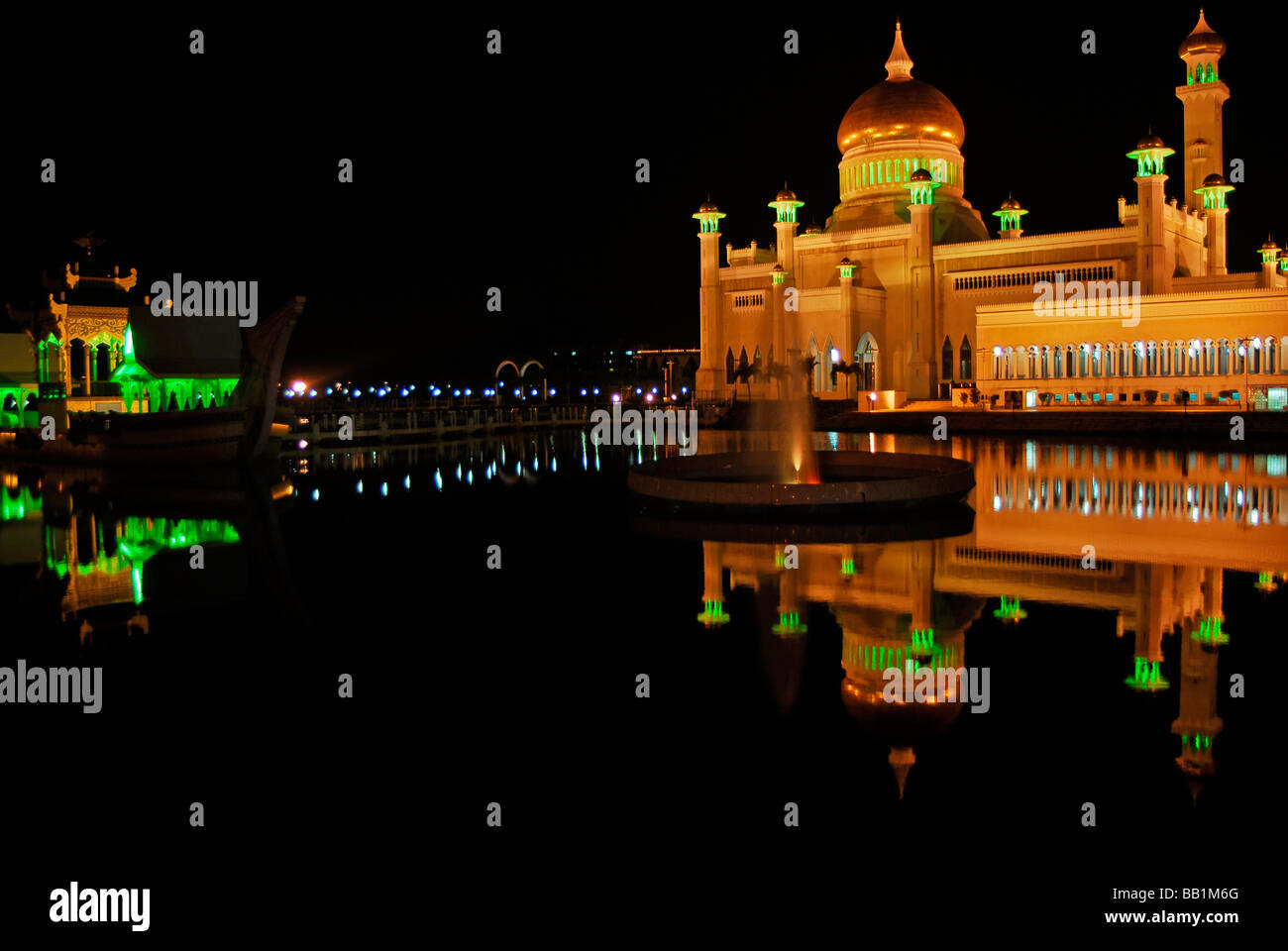 BRUNEI, Bandar Seri Begawan. Night view of a fountain in the ...