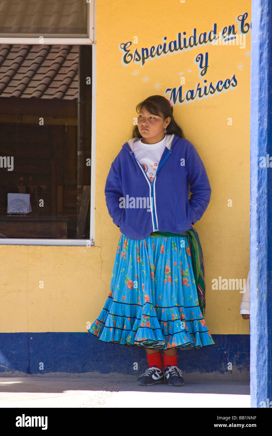 Tarahumara native Indian women standing on the main street in Creel, a ...