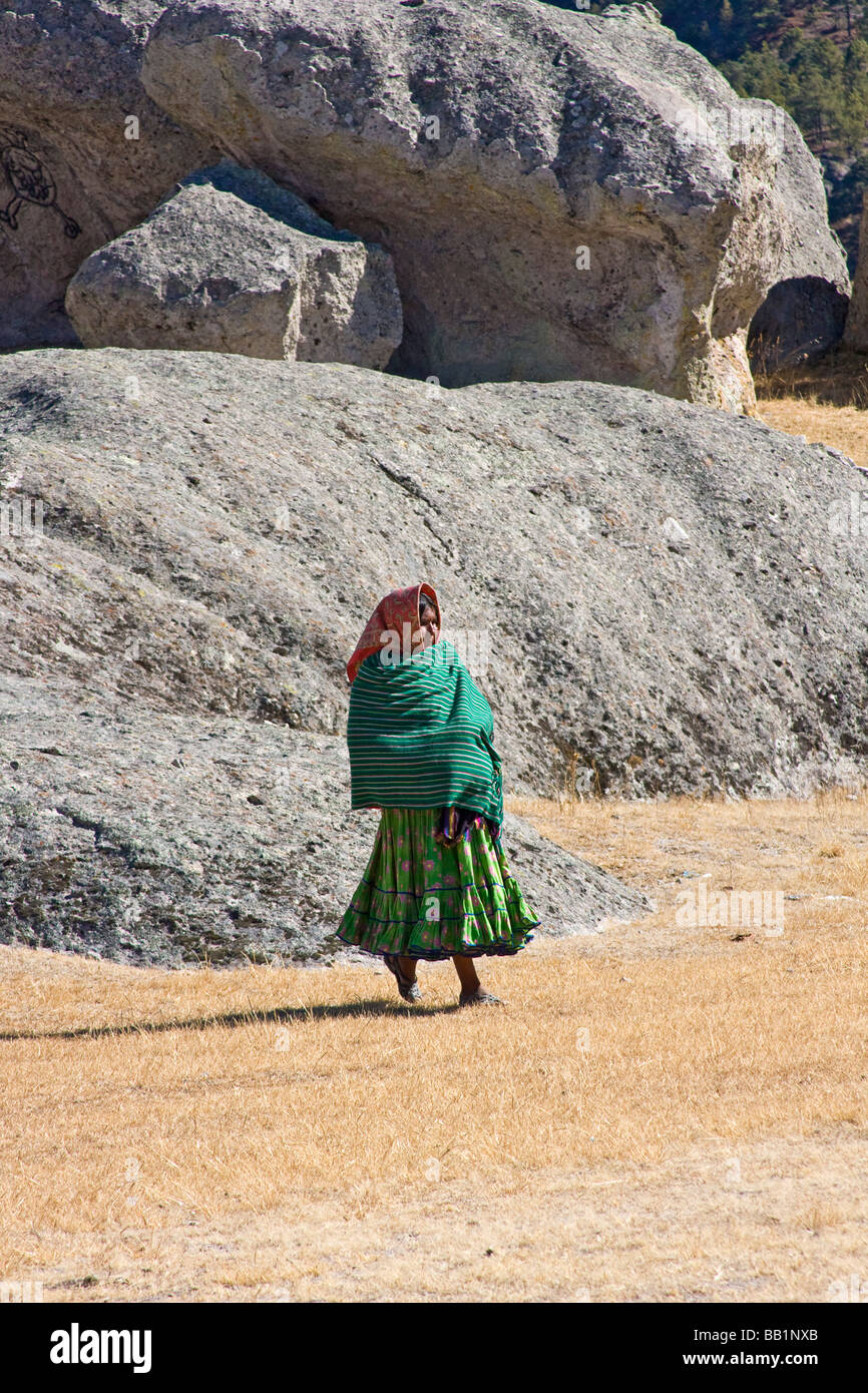 Native Tarahumara woman walking in the Valley of the Mushrooms outside ...
