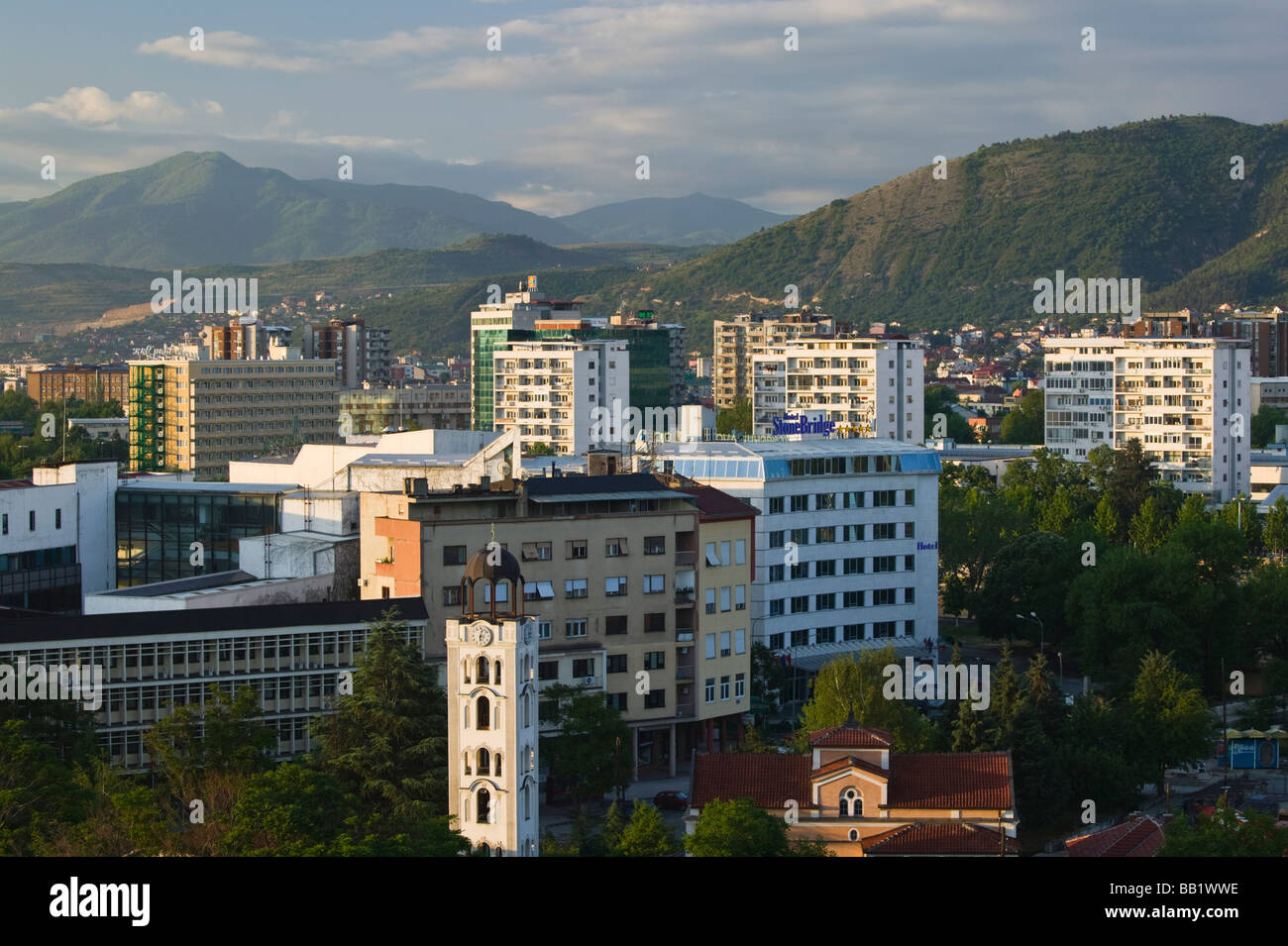 MACEDONIA, Skopje. Central Skopje from City Fort (Trvdina Kale) / Dawn ...