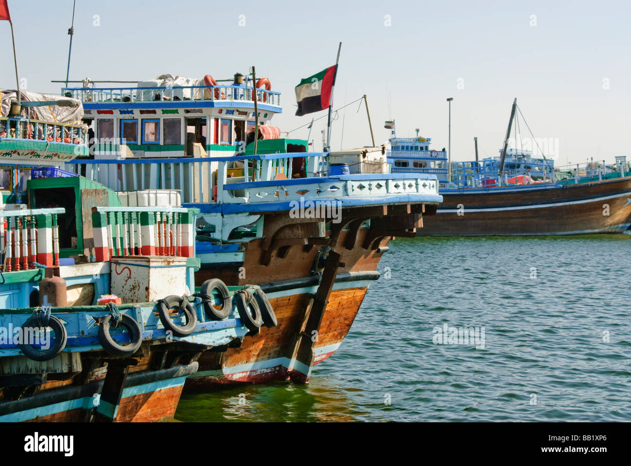 Dhow, a cargo vessel at the Creek during landing, Dubai, United Arab ...
