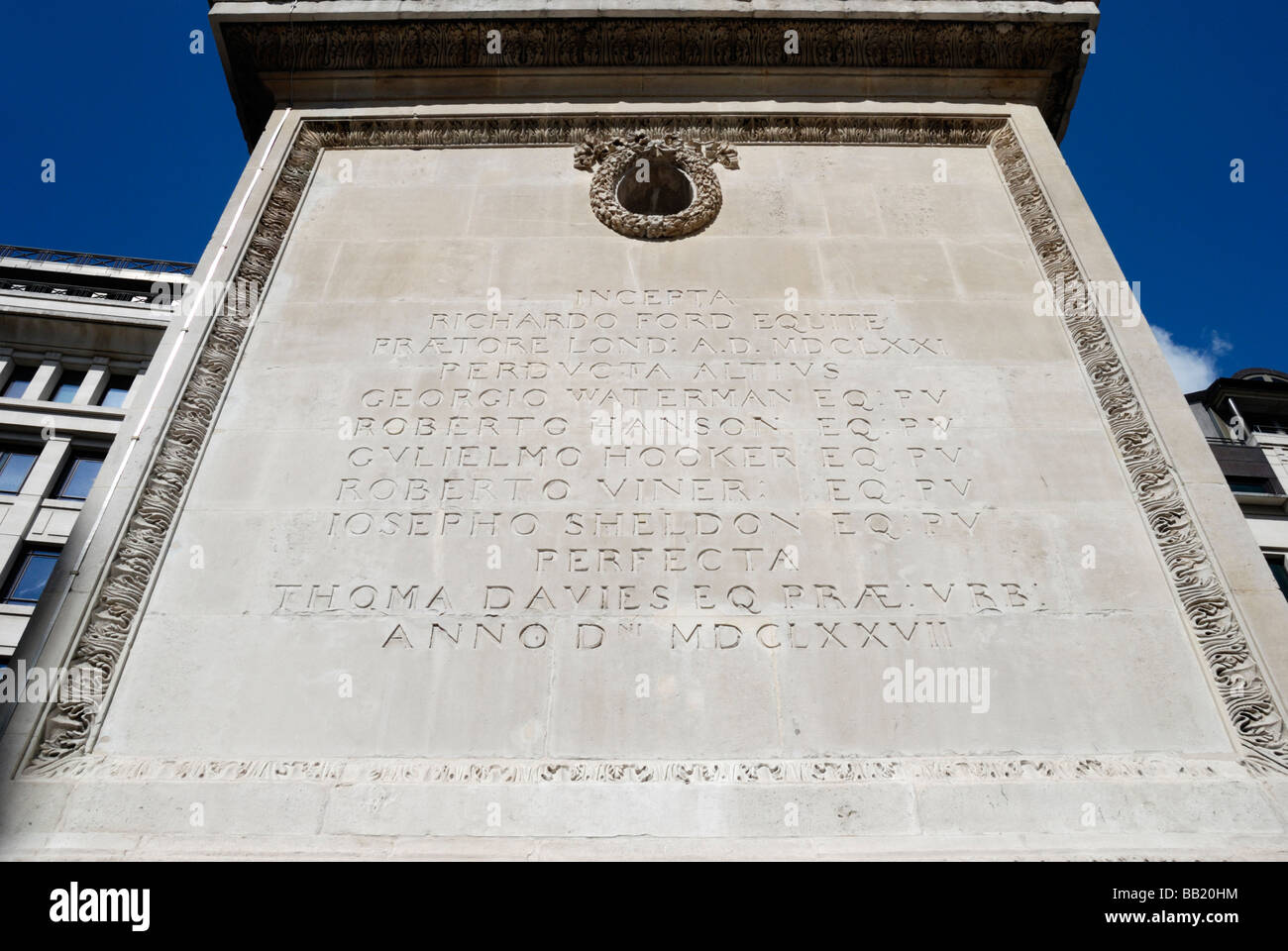 Inscription at the base of The Monument in the City of London England ...