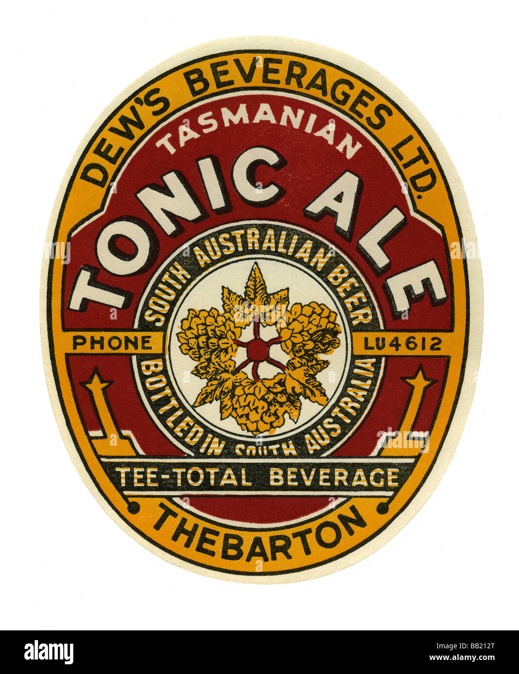 Old Australian beer label for Dew's Tasmanian Tonic Ale, alcohol-free ...