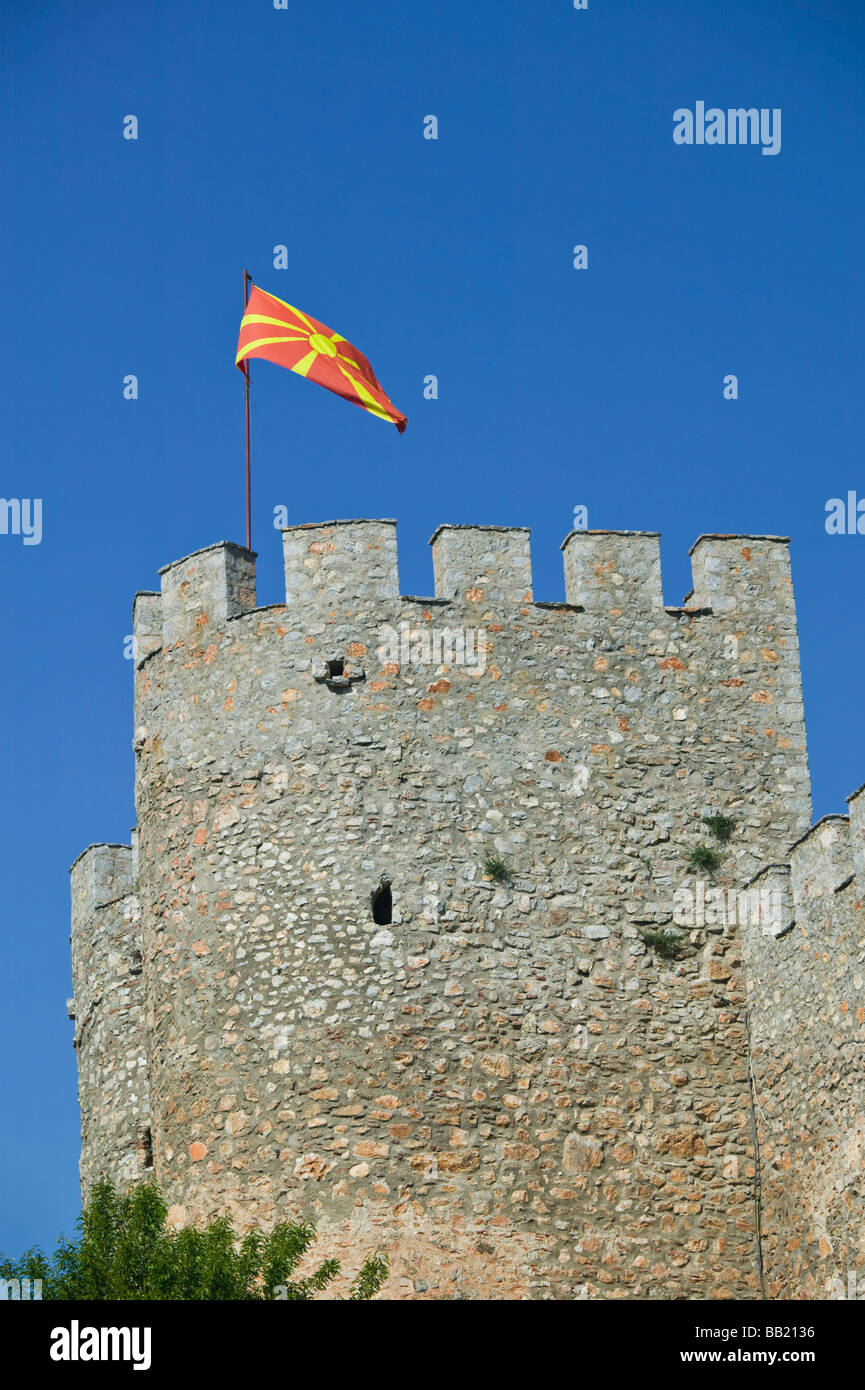 MACEDONIA, Ohrid. Car Samoil's Castle Tower and Macedonian Flag Stock ...
