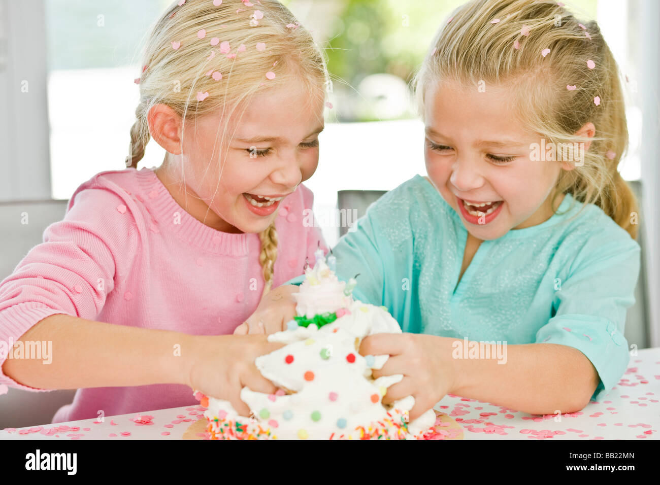 Two girls playfully inserting their hands in a birthday cake Stock ...