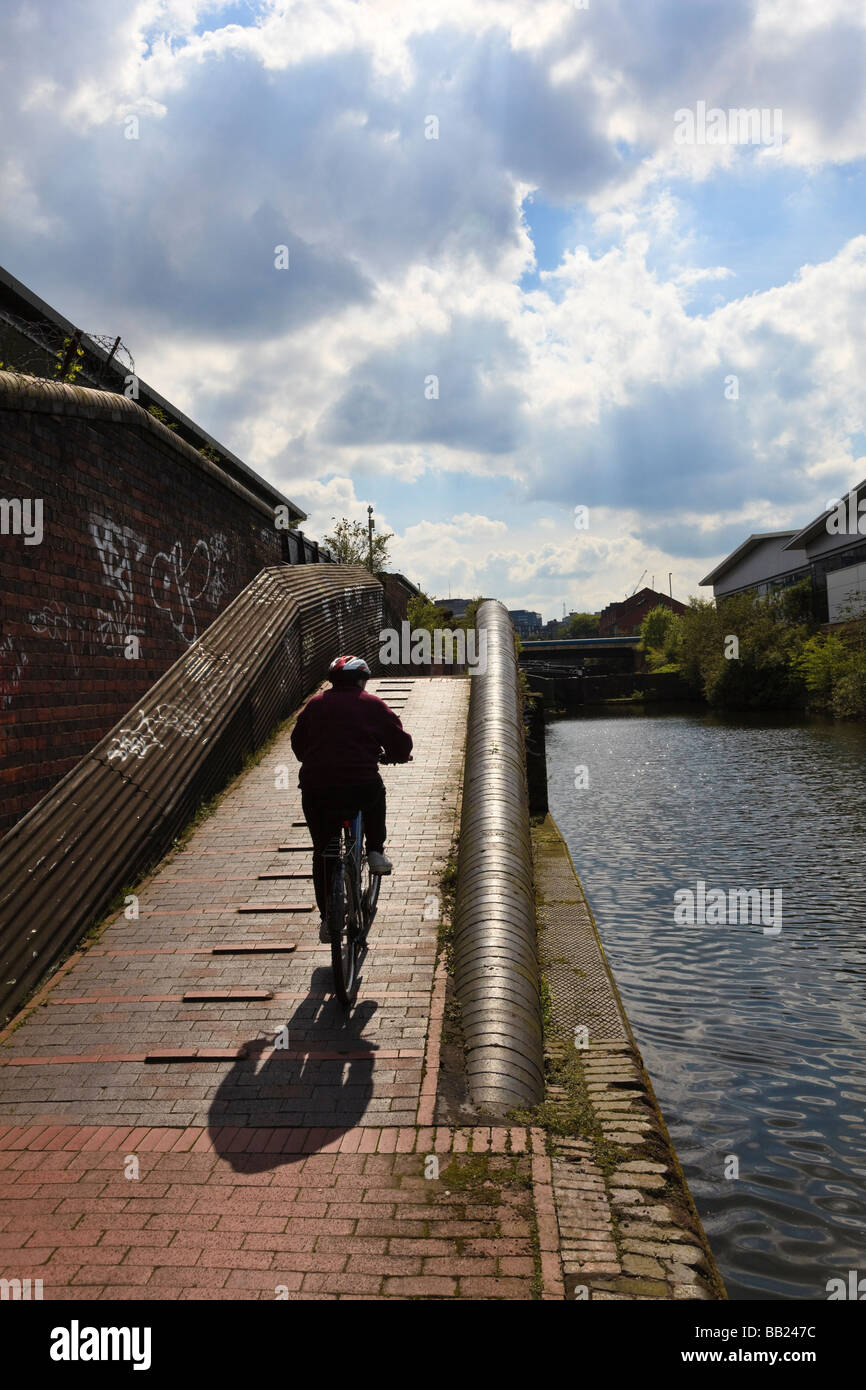 (Sequence 2 of 3)Cyclist riding along the towpath of The Birmingham and ...
