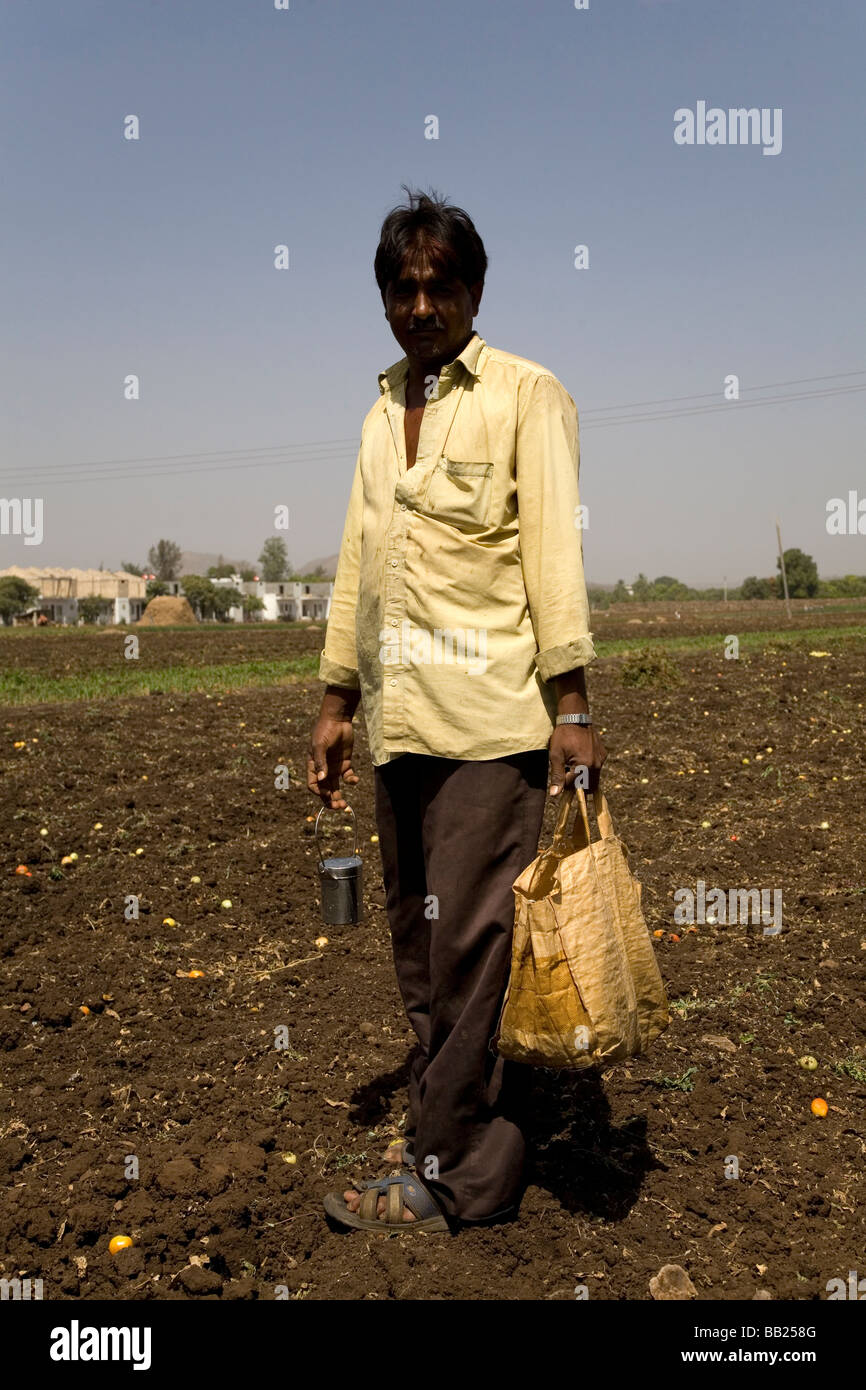 A male farm labourer carries his tiffin box lunch in a farmer's field ...
