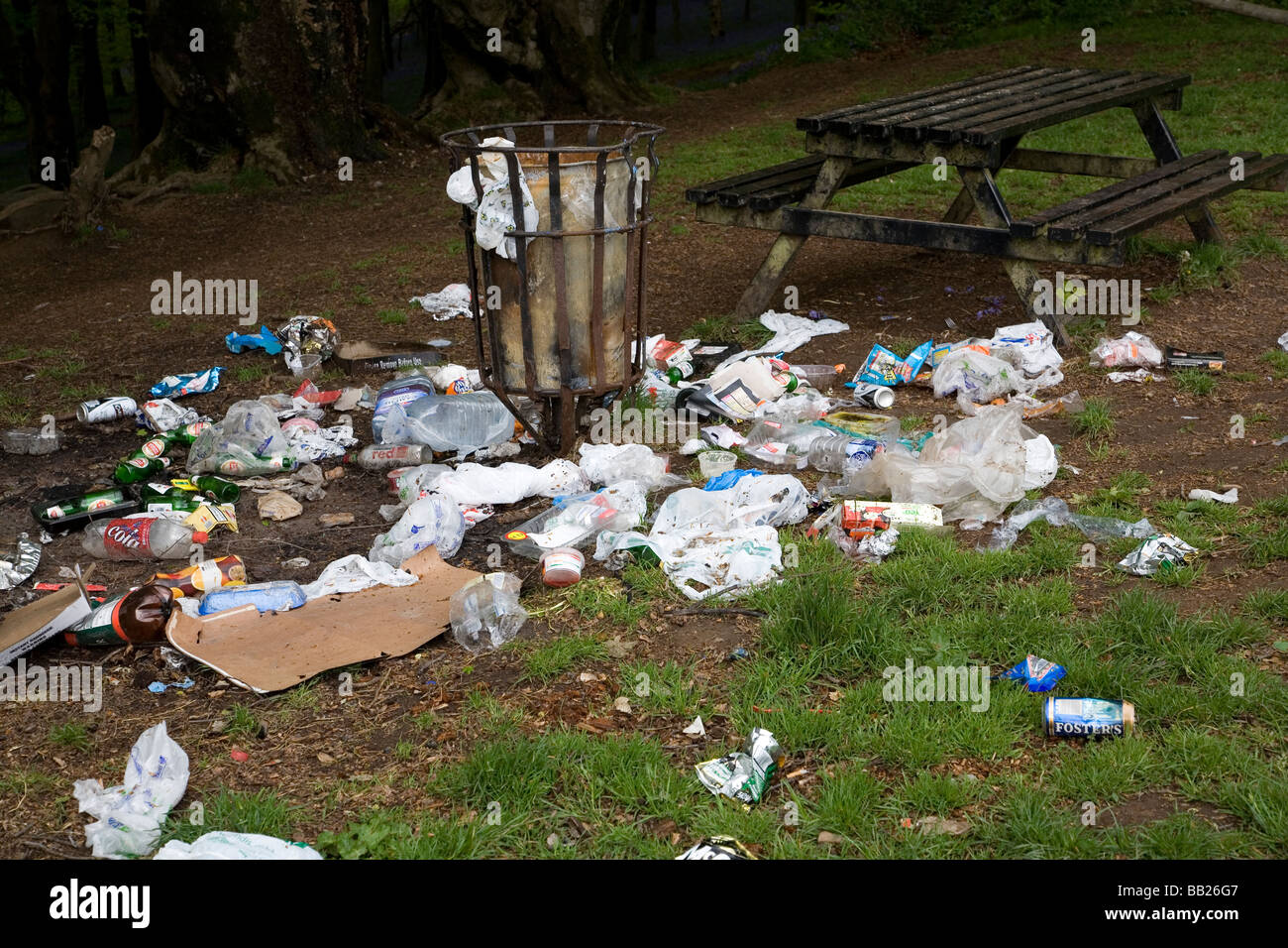 Litter strewn around a bin at a picnic site Stock Photo - Alamy
