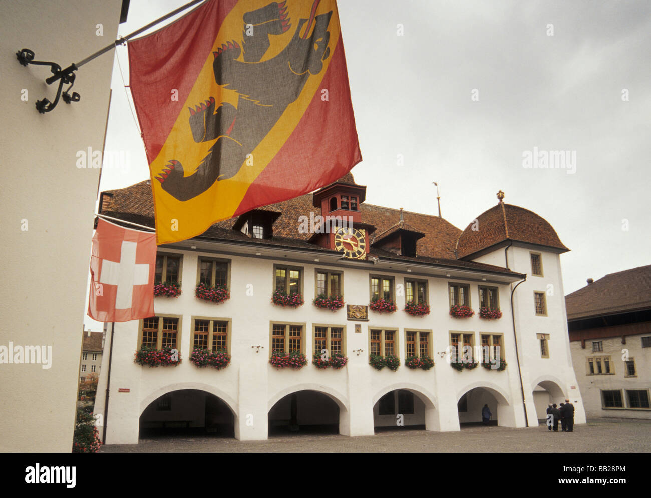 Town Hall and Berne canton and Swiss flags in Thun Switzerland Stock ...