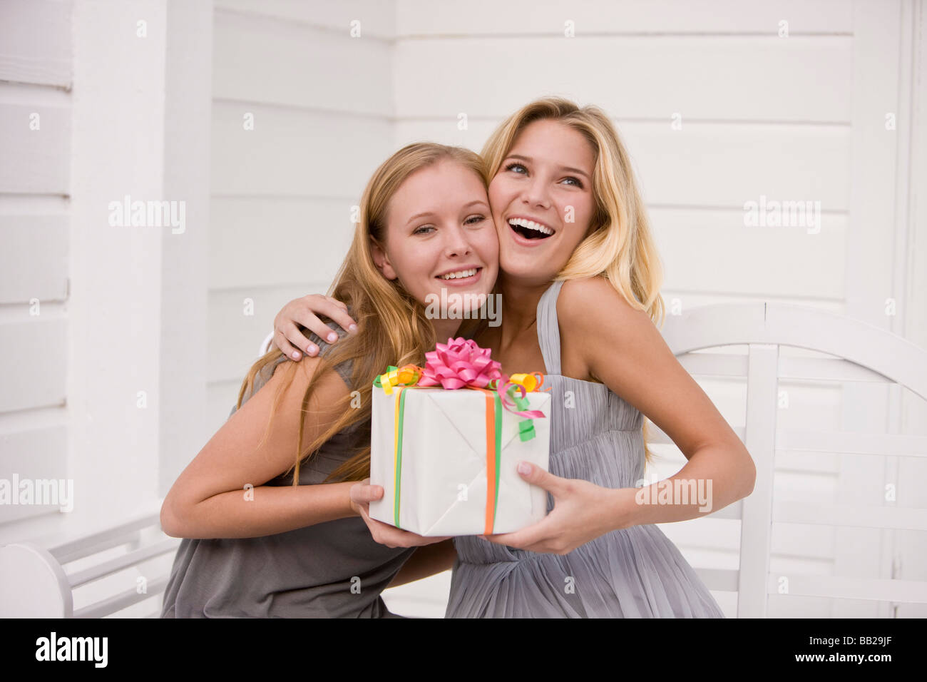 Woman giving a present to her friend Stock Photo - Alamy