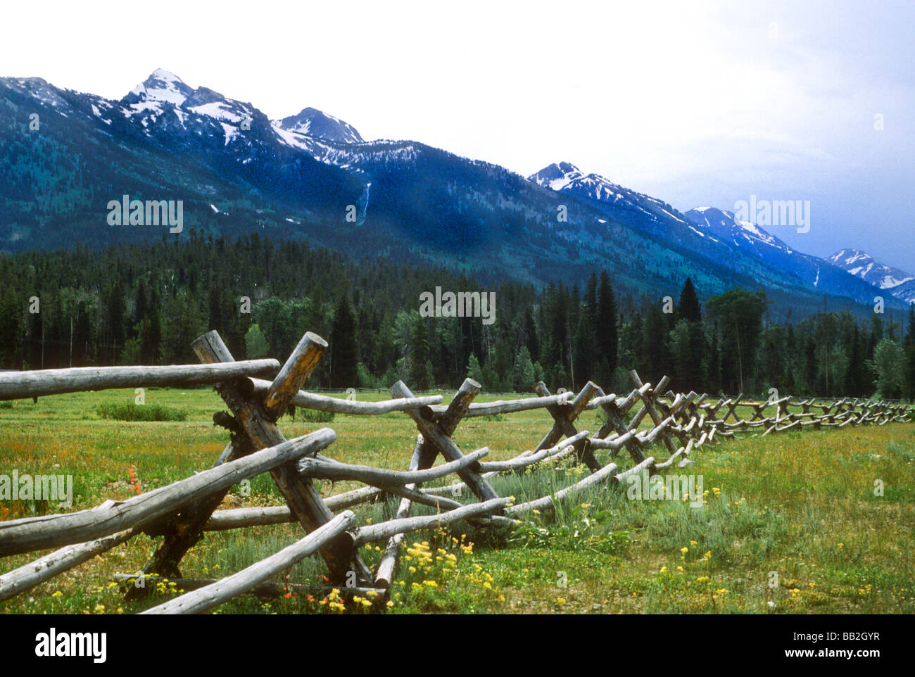 Pasture fence mountain snow Durango Colorado green grass field wood ...