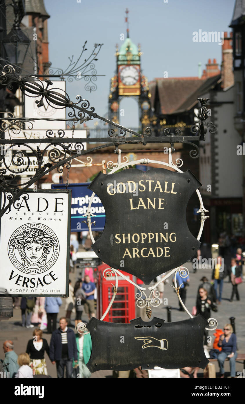 City of Chester, England. Retail shop signs on a busy Eastgate Street ...