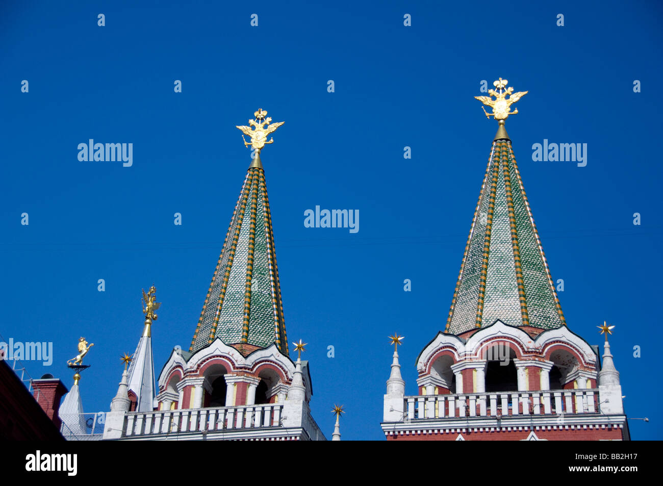 Russia, Moscow, Red Square. Voskresenskie Gate , golden double-headed ...