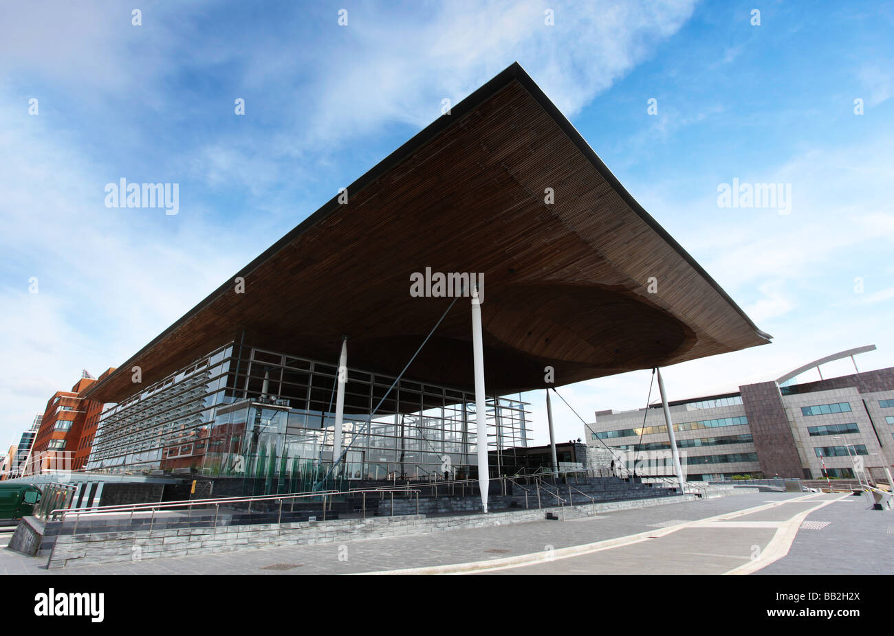 The Welsh National Assembly Government building side view overlooking ...