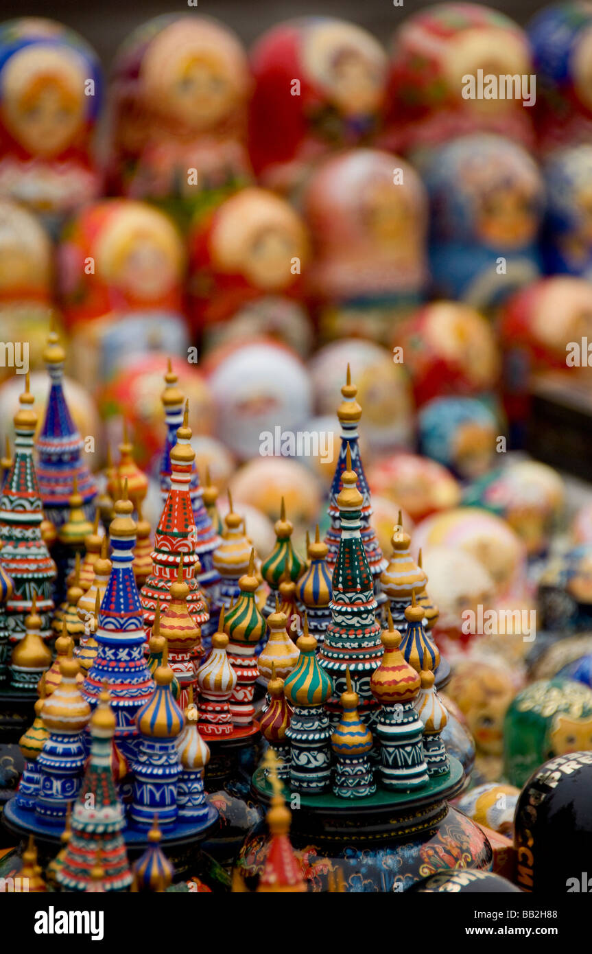 Russia, Moscow. Typical Russian handicrafts, wooden Russian churches ...
