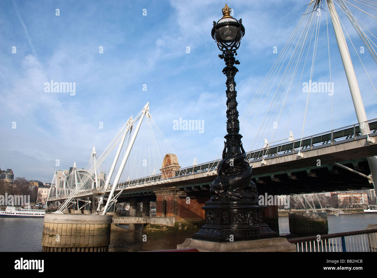 Hungerford Railway Bridge with Jubilee Footbridge and Lamp Post, River ...