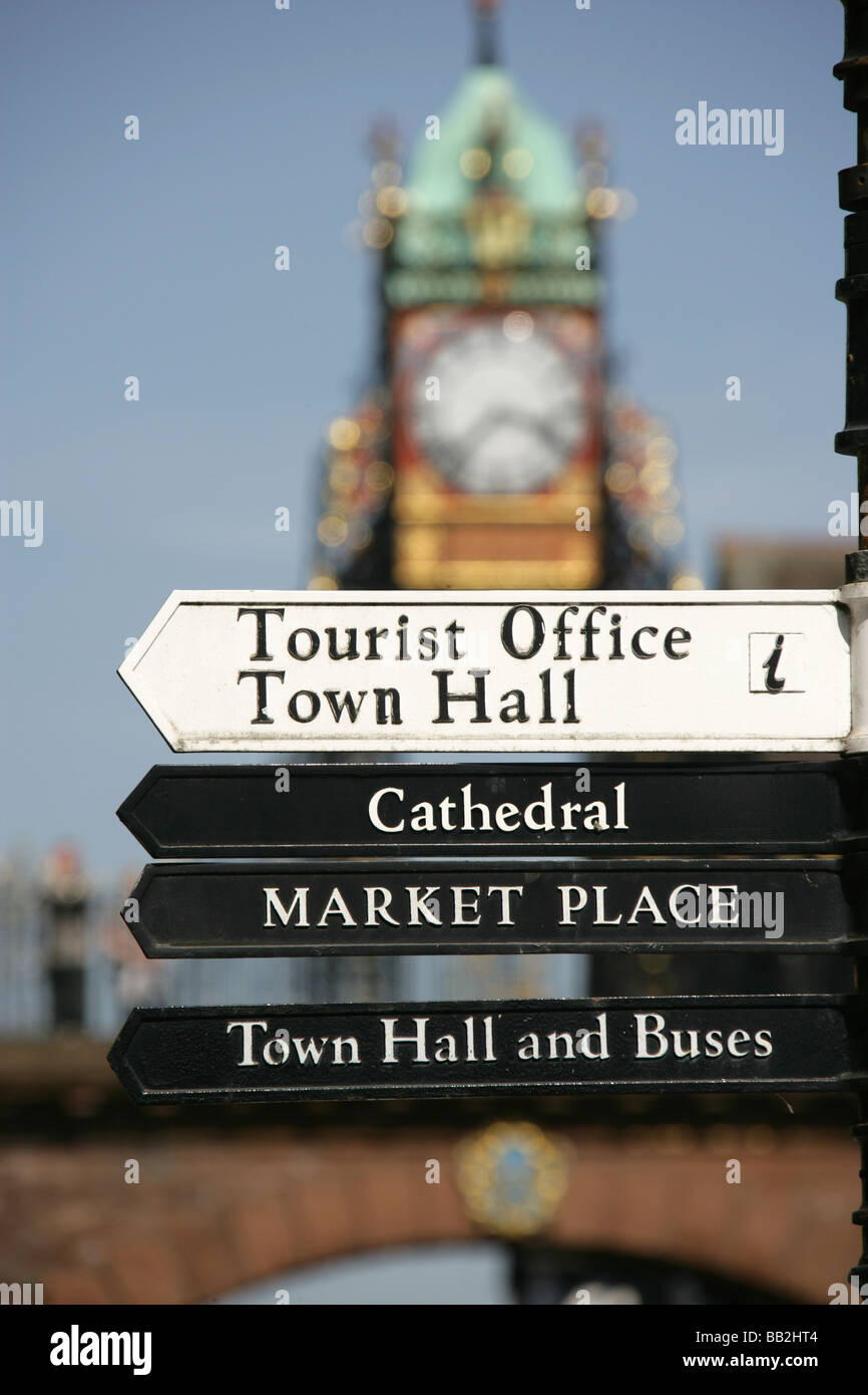 City of Chester, England. Tourist direction signs with Chester’s ...