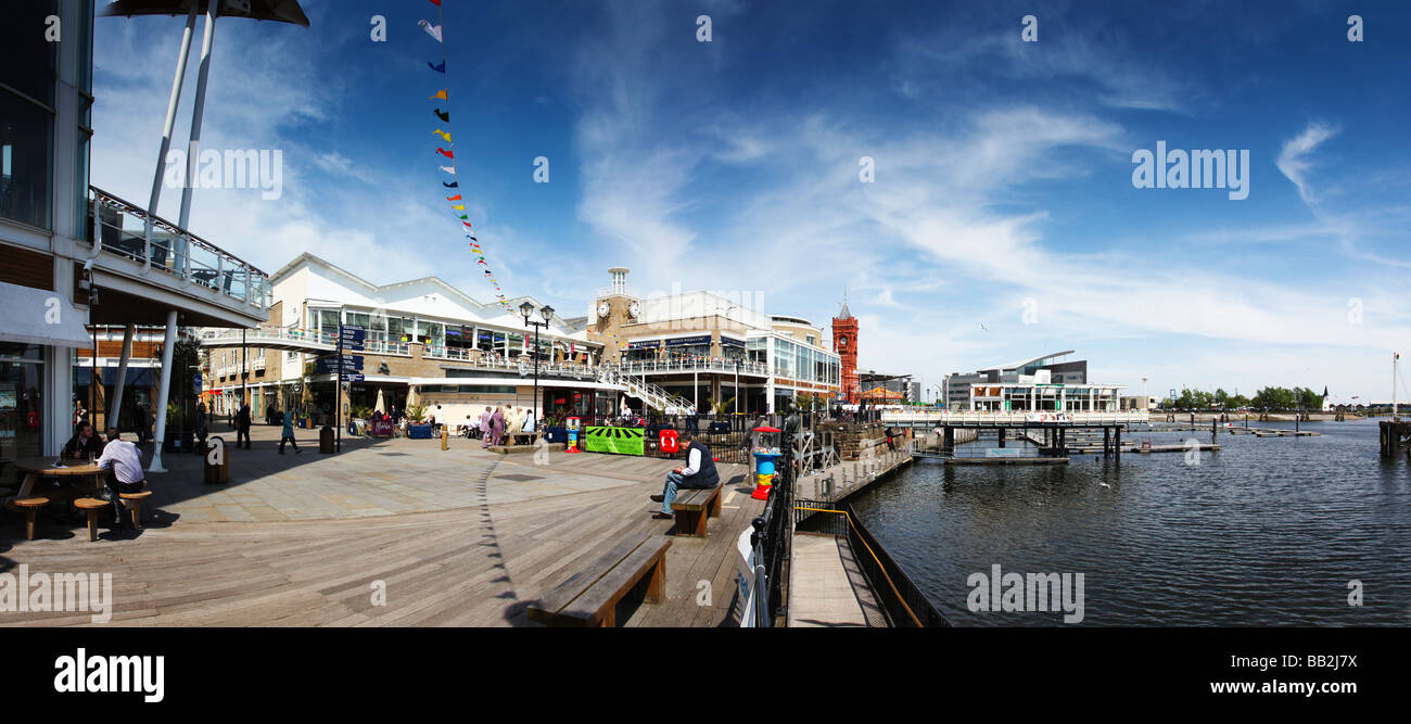 Panoramic image Cardiff Bay waterfront area with promenade, inner ...
