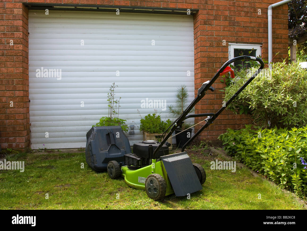 Domestic petrol powered lawn mower and grass box Stock Photo - Alamy
