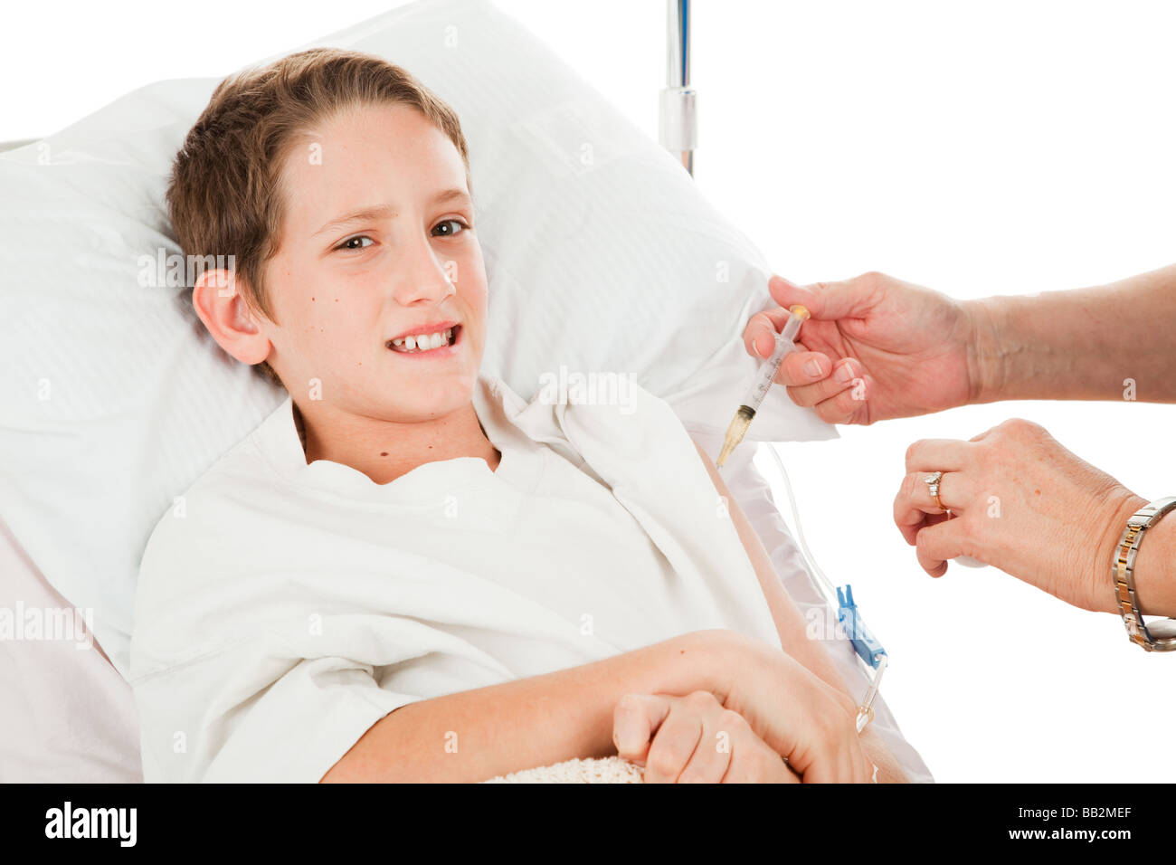 Little boy in the hospital doesn t like getting an injection White ...