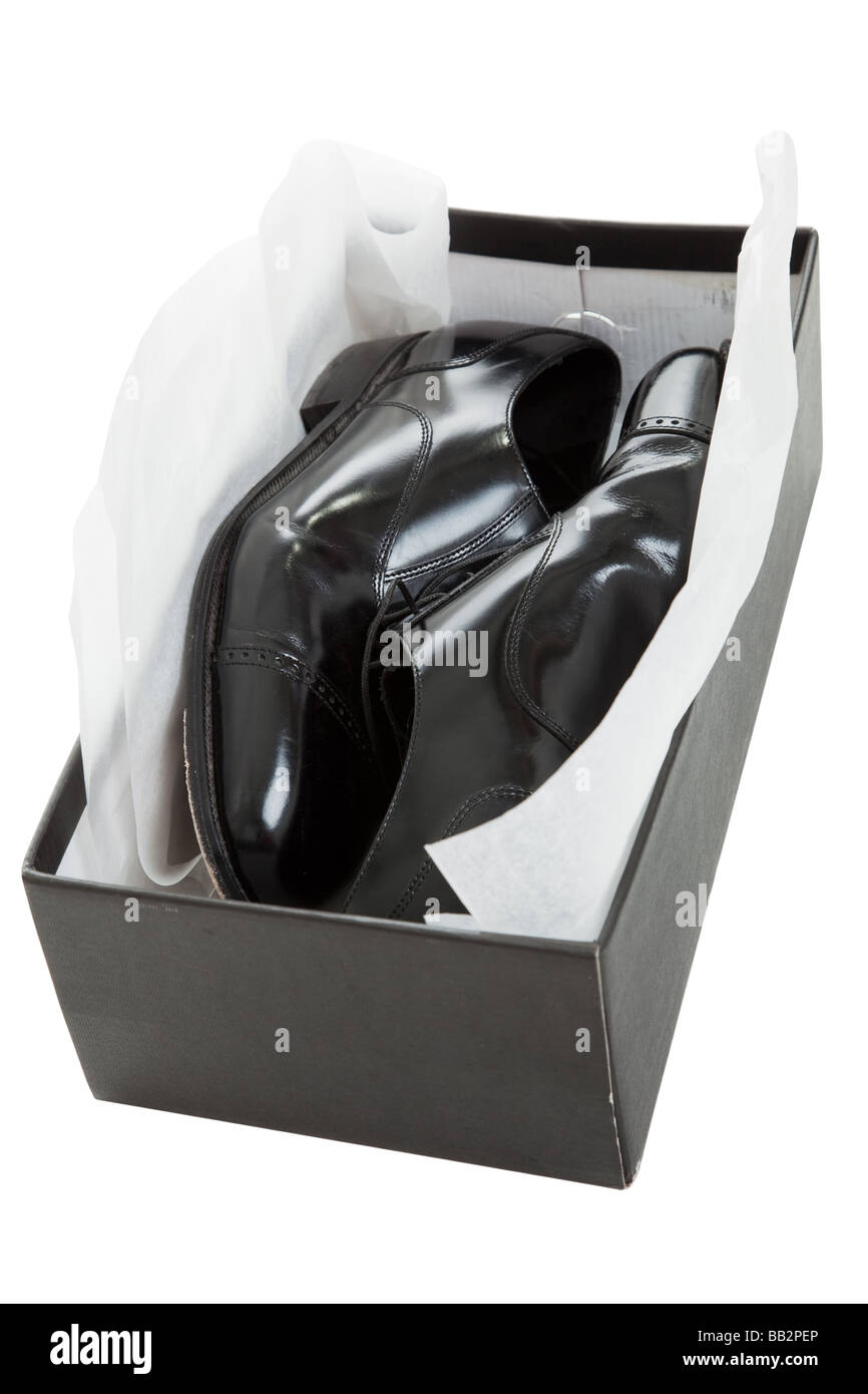 New pair of mens dress shoes in the box isolated with clipping path ...
