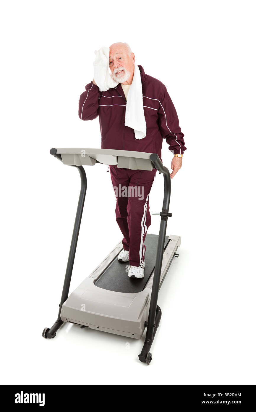 Senior man exhausted from trying to get back in shape Isolated on white ...