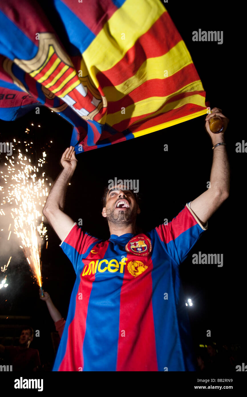 Barcelona football fan celebrates victory win, Spain Stock Photo - Alamy