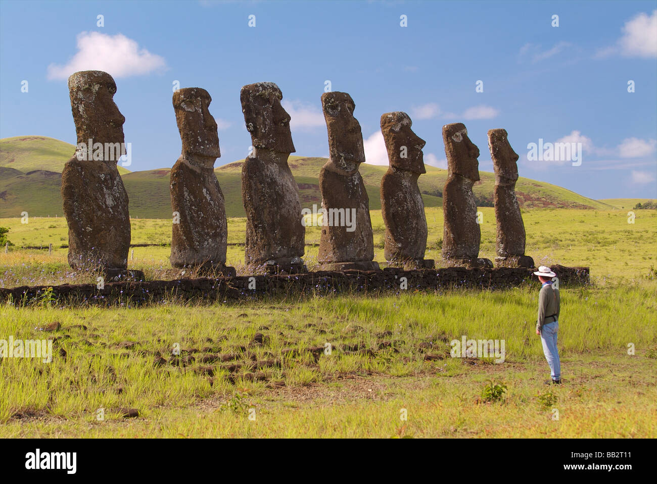 Ahu Akivi, the most inland of the moai with tourist, Easter Island ...