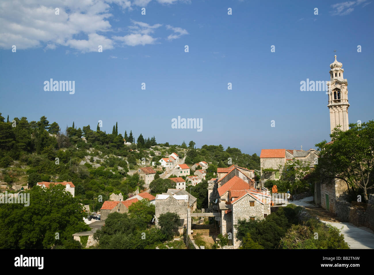 Croatia, Central Dalmatia, BRAC ISLAND, LOZISCA. Mountain Town View ...