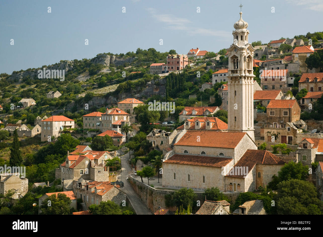 Croatia, Central Dalmatia, BRAC ISLAND, LOZISCA. Mountain Town View ...