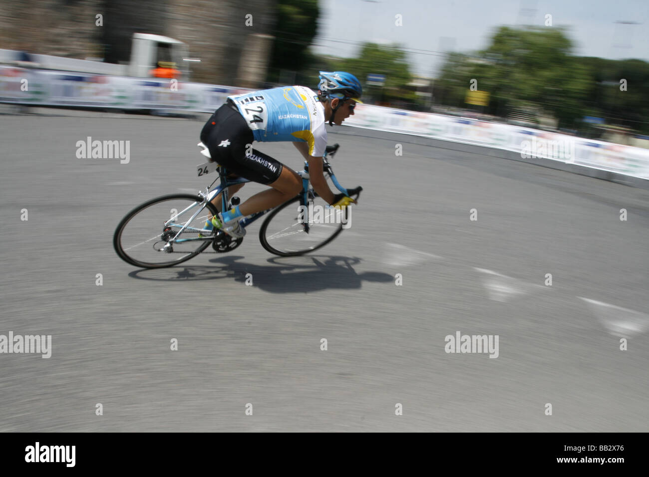 professional bike rider in road street race in city town Stock Photo ...