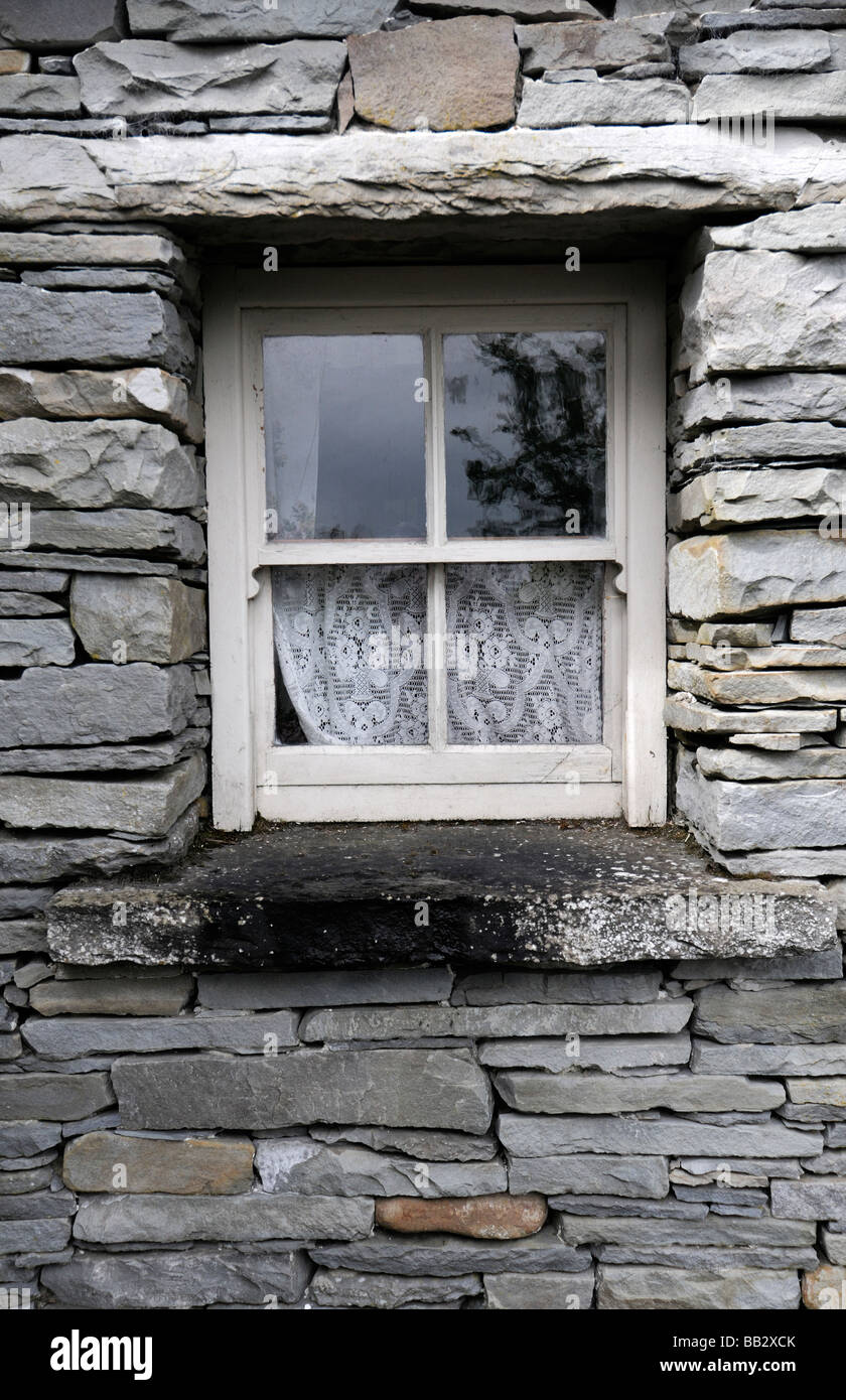 view outside window wooden frame net curtain old farmhouse cottage ...