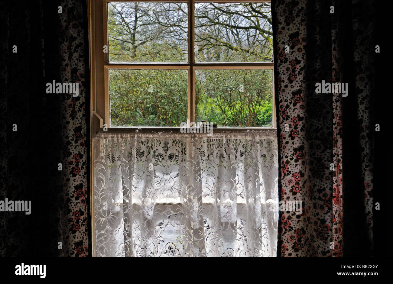 looking out view outside outwards through net curtain old farmhouse ...