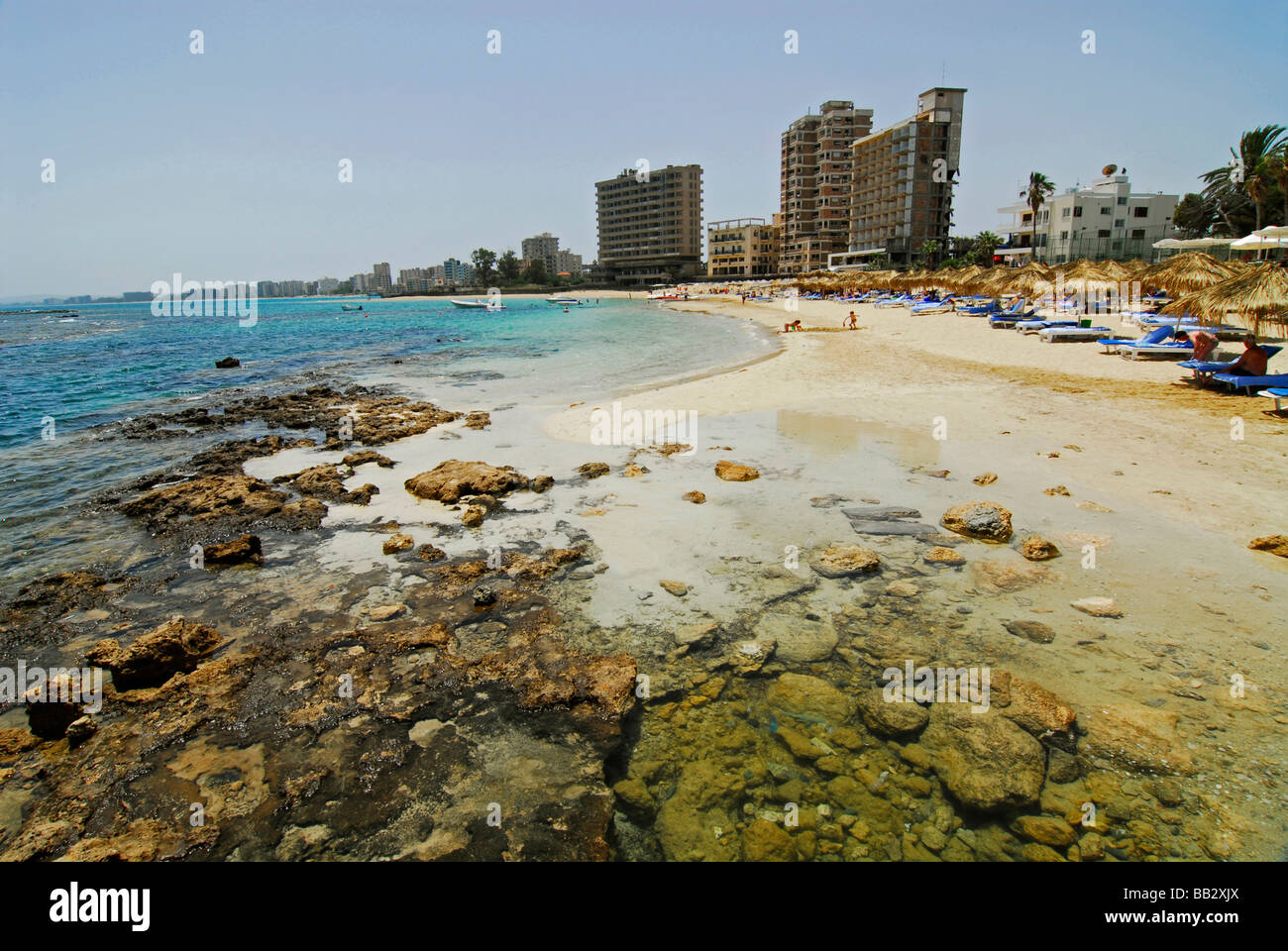 CYPRUS, Famagusta. Tall rundown buildings on the seashore, in front of ...