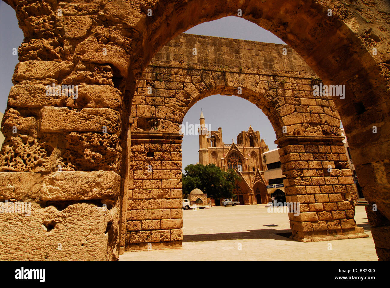 CYPRUS, Famagusta. Big stone mosque and its minaret tower built over a ...