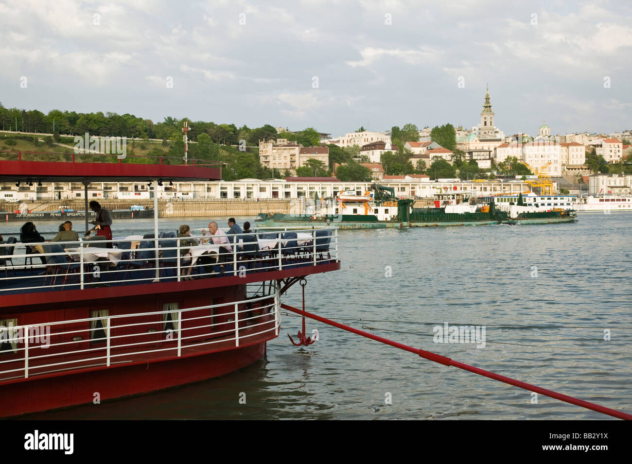 SERBIA, Belgrade. Danube River Barge Restaurant (NR) and Stari Grad ...