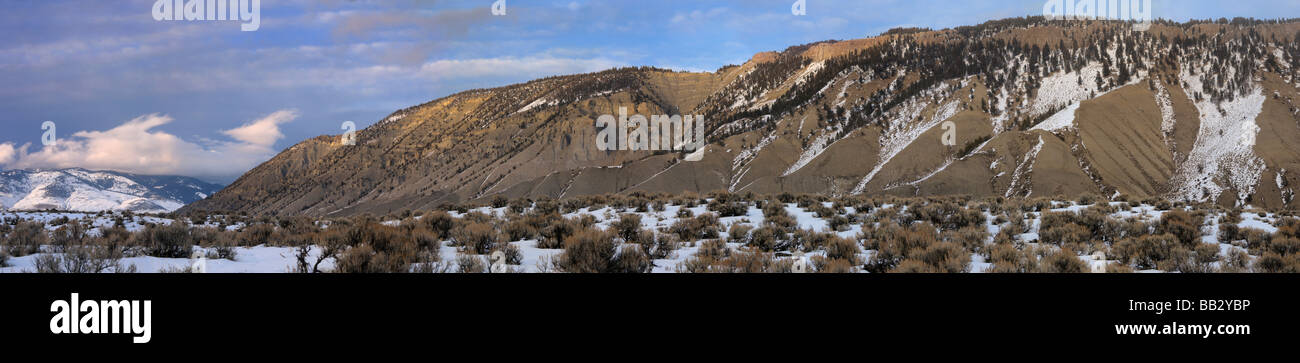 Panorama of Mount Everts and sagebrush in winter at sundown in ...