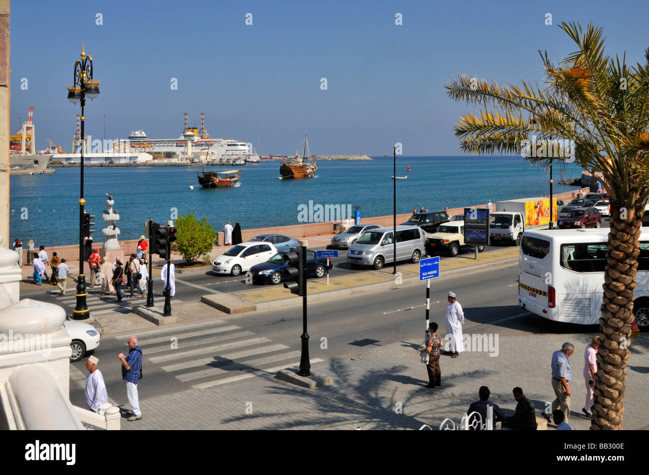 Muscat Muttrah harbour waterfront dual carriageway & promenade with ...