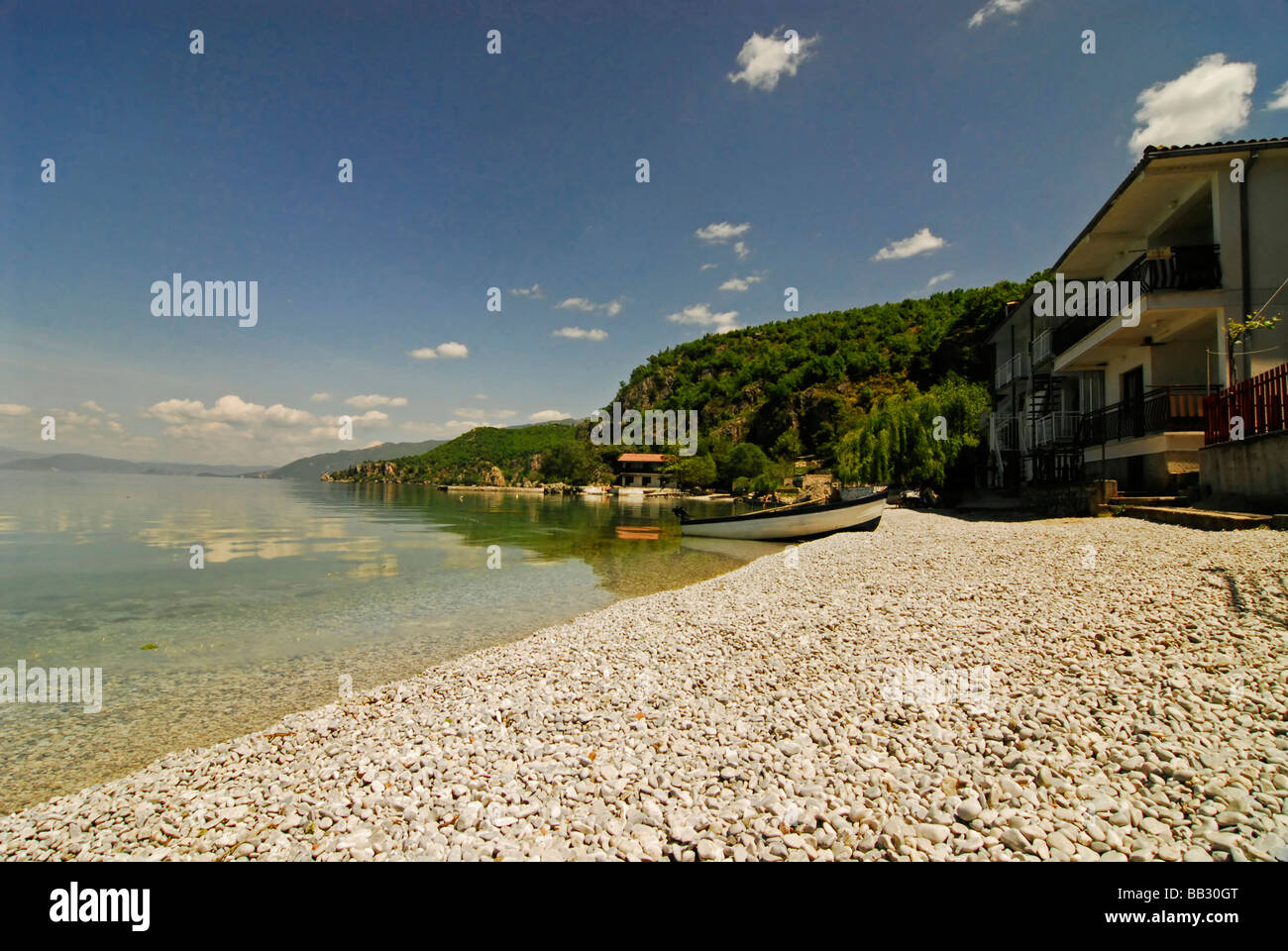 MACEDONIA, Ohrid. Houses built on the shore of Ohrid lake's crystal ...