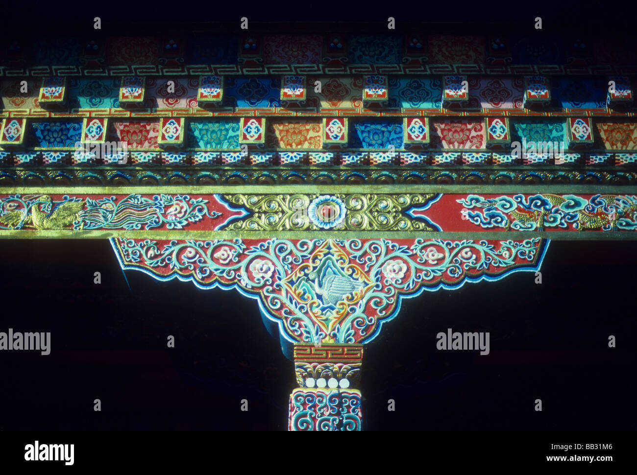 Bright colored column decorations Buddhist temple Bodnath Kathmandu ...